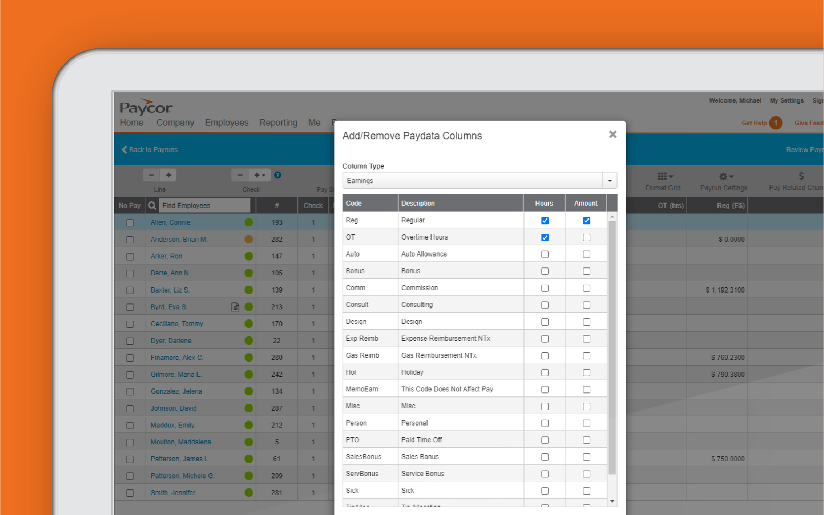 Corner of tablet showing Paycor customizable dashboard against orange ... Corner of tablet showing Paycor customizable dashboard against orange ...